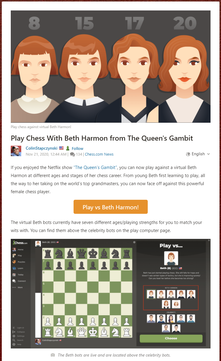 For fans of The Queen’s Gambit, why not play Beth Harmon on Chess.com # ...